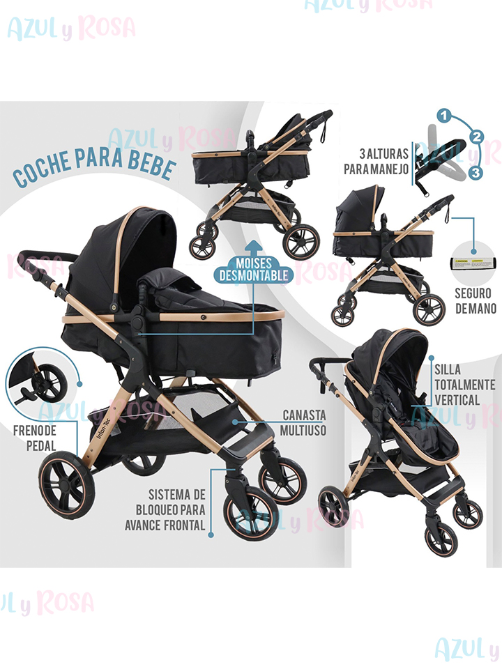 COCHE CUNA PARA BEBÉ NEGRO ND5300 - Azul y Rosa